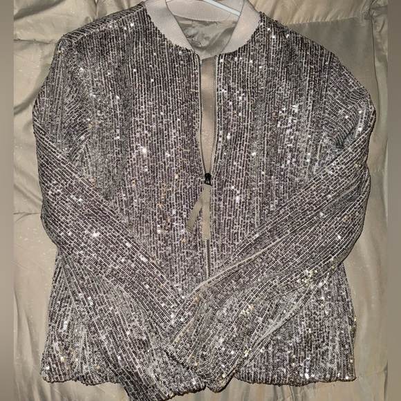 LOFT | Jackets & Coats | Silver Sequin Bomber Jacket | Poshmark